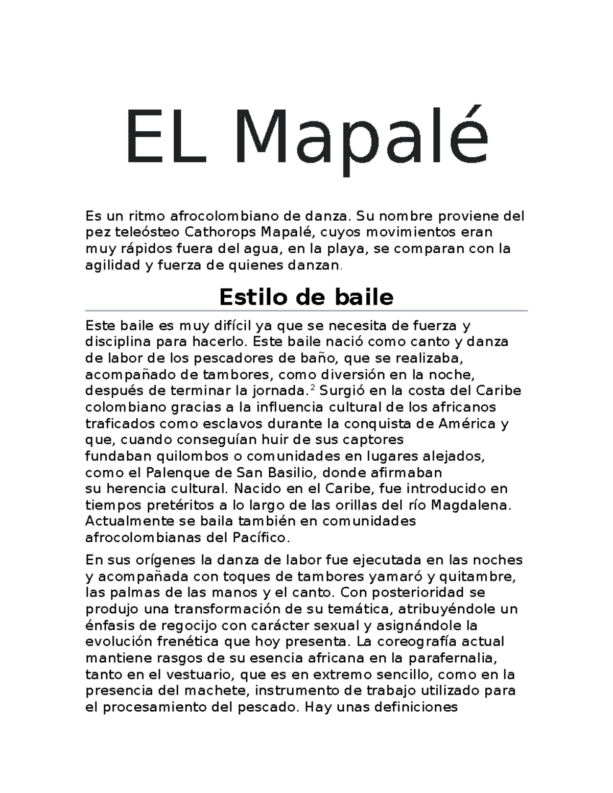 EL Mapalé: Historia y Estilo de Danza Afrocolombiana - Studocu