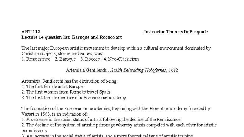 ART 112 - Lecture 14: Baroque & Rococo Art Q&A Guide - Studocu