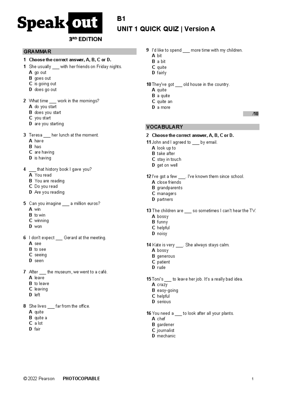 Speakout B1 Unit 1 Quick quiz 1A - © 2022 Pearson PHOTOCOPIABLE 1 B 1 ...