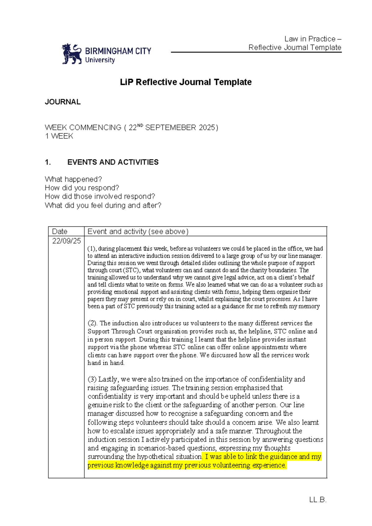LL.B. Law in Practice Reflective Journal - Week 1 Insights and Learning ...