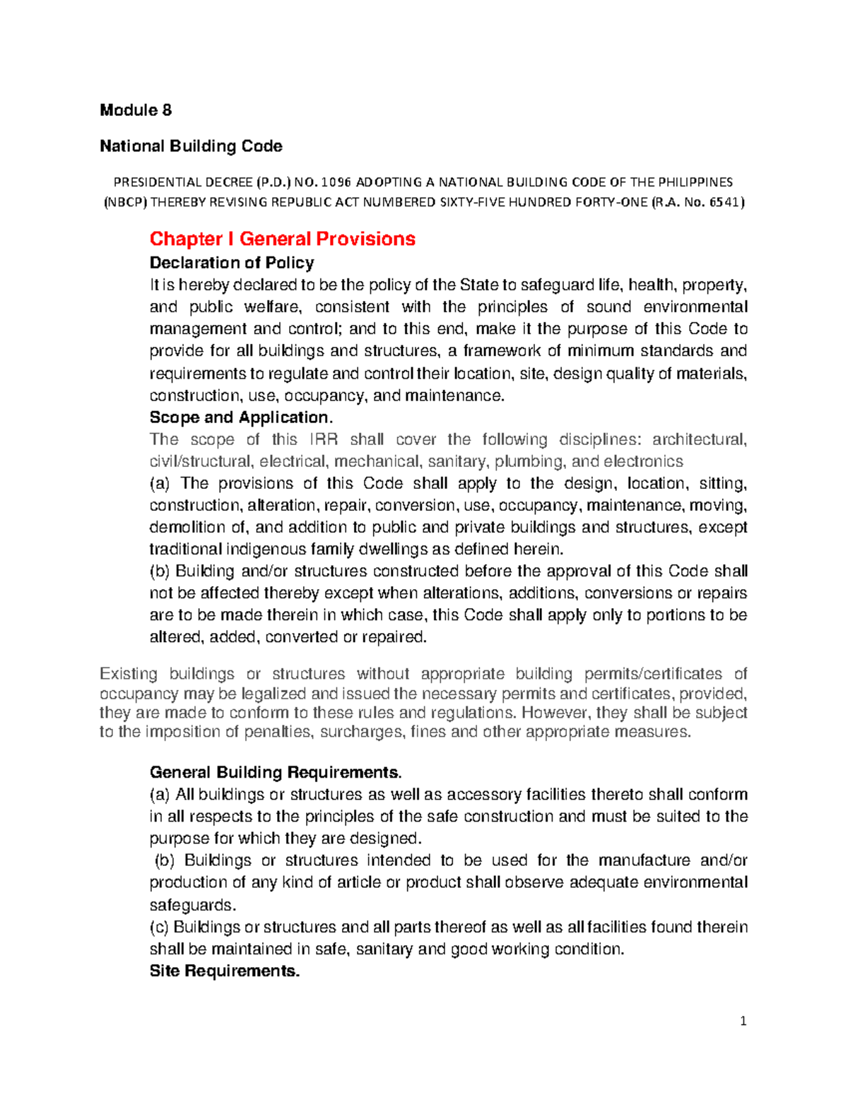 Module 8: Overview of the National Building Code (P.D. No. 1096) - Studocu