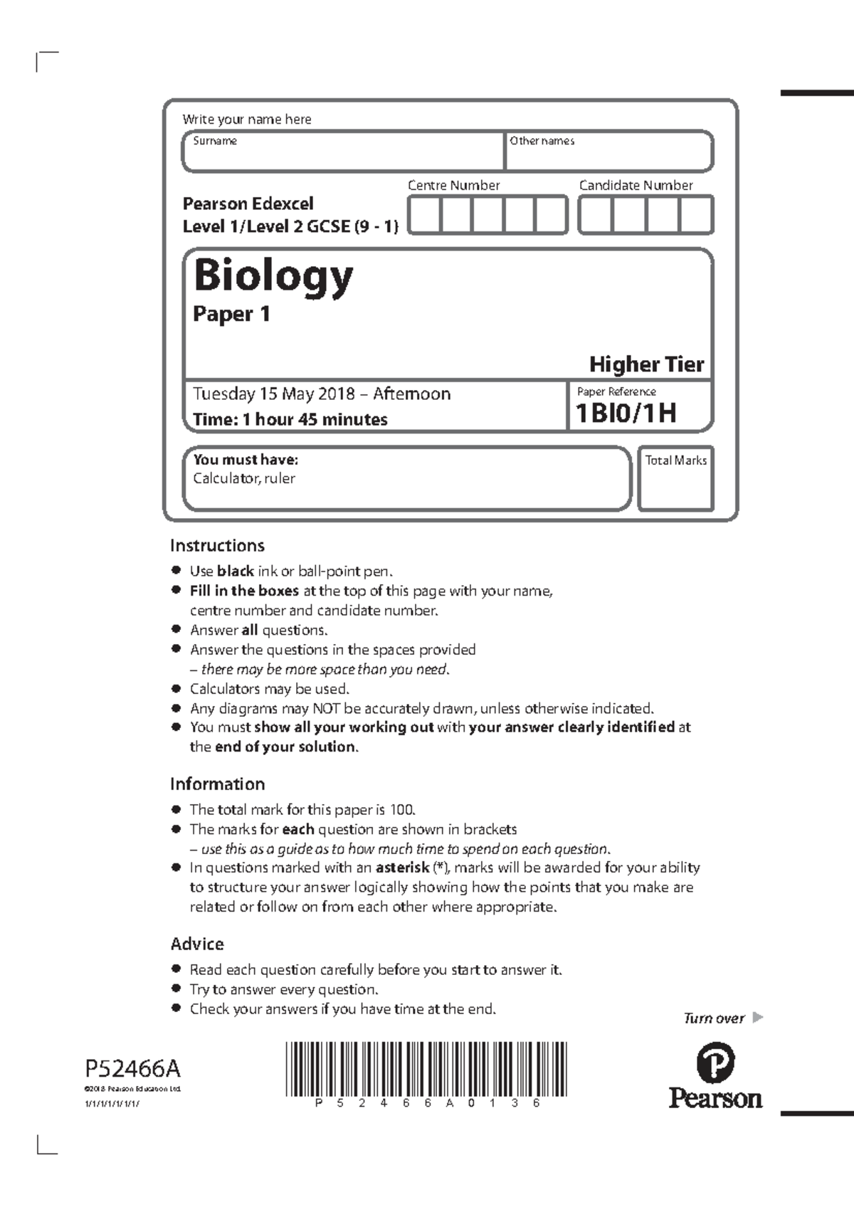 Pearson Edexcel Level 2 GCSE (9-1) Biology Paper 1 Higher Tier Practice ...