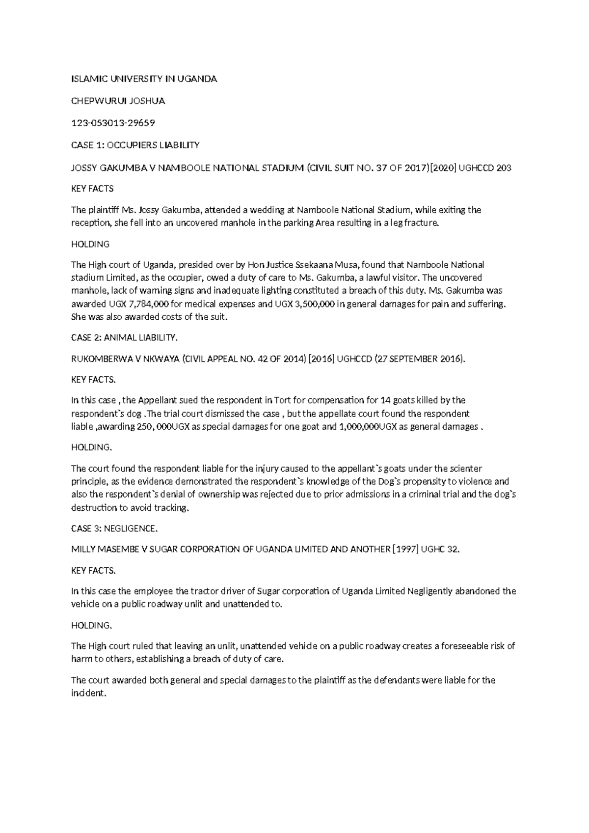 TORT Cases UGHCCD 203: Key Legal Findings and Holdings - Studocu