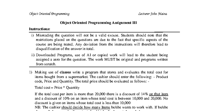 Object Oriented Programming Assignment III: Class-Based Solutions - Studocu