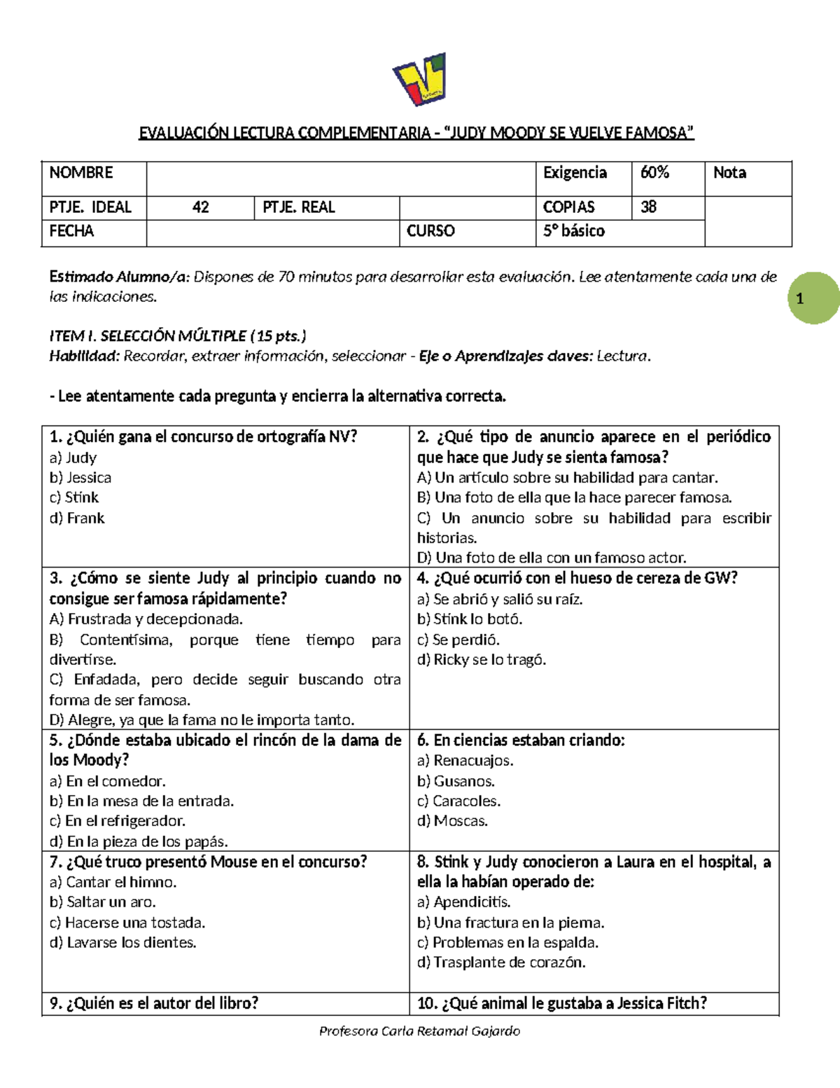 5° Judy famosa - Prueba libro - 1 EVALUACIÓN LECTURA COMPLEMENTARIA ...