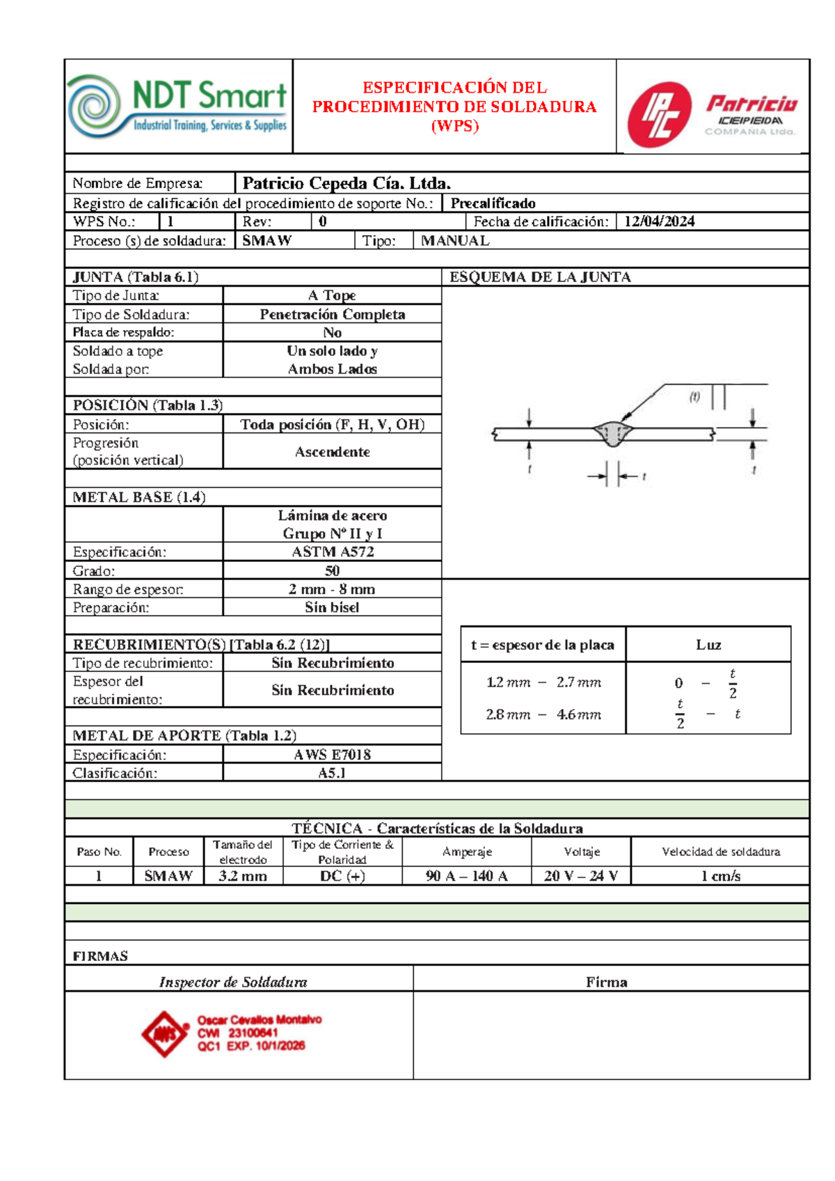 WPS 1: Procedimiento de Soldadura Junta A Tope - Patricio Cepeda - Studocu