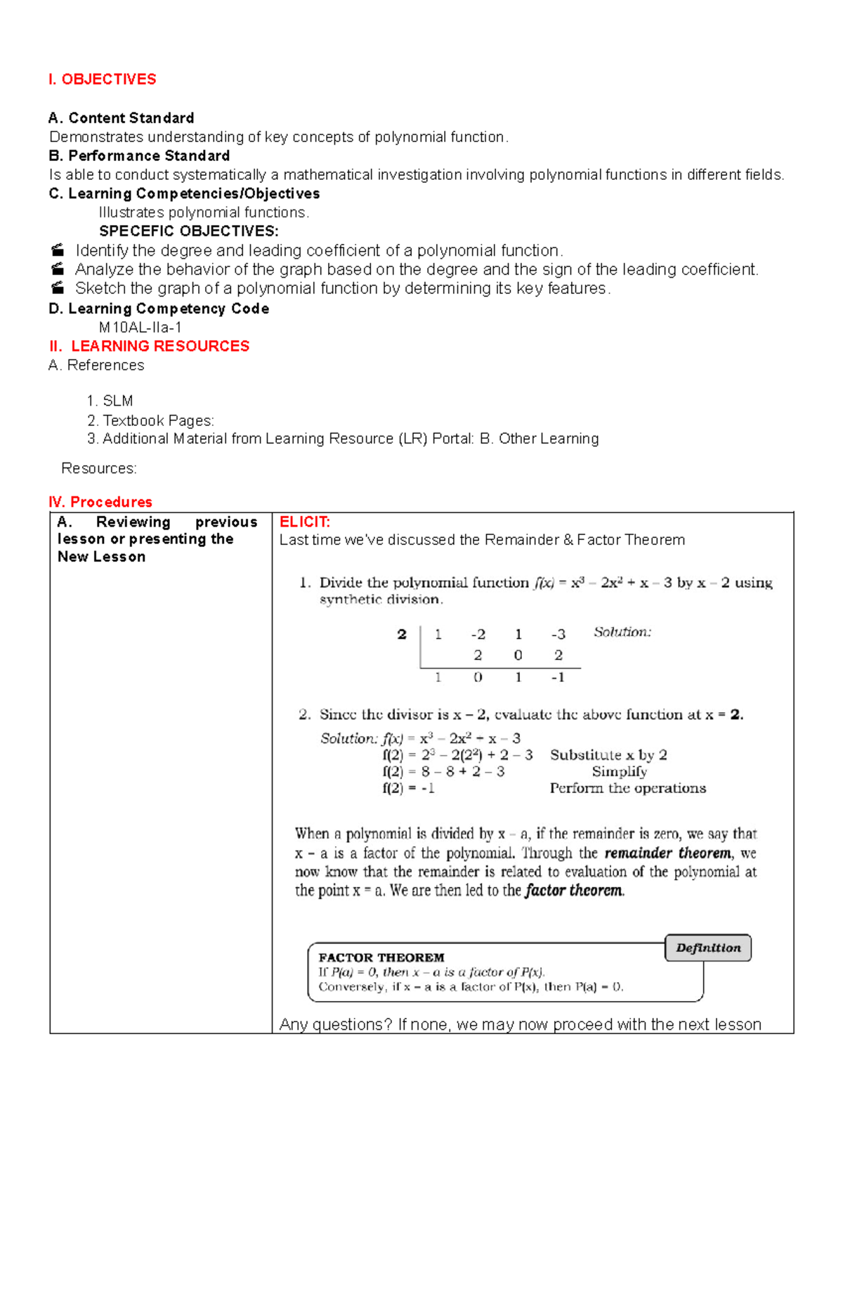 Demo Lesson Plan 1: Understanding Polynomial Functions in G10 - Studocu