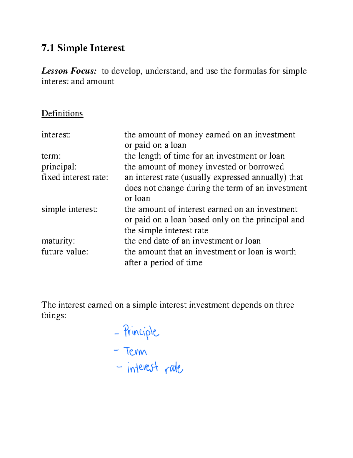 7.1 Simple Interest - Lesson Notes on Formulas and Applications - Studocu
