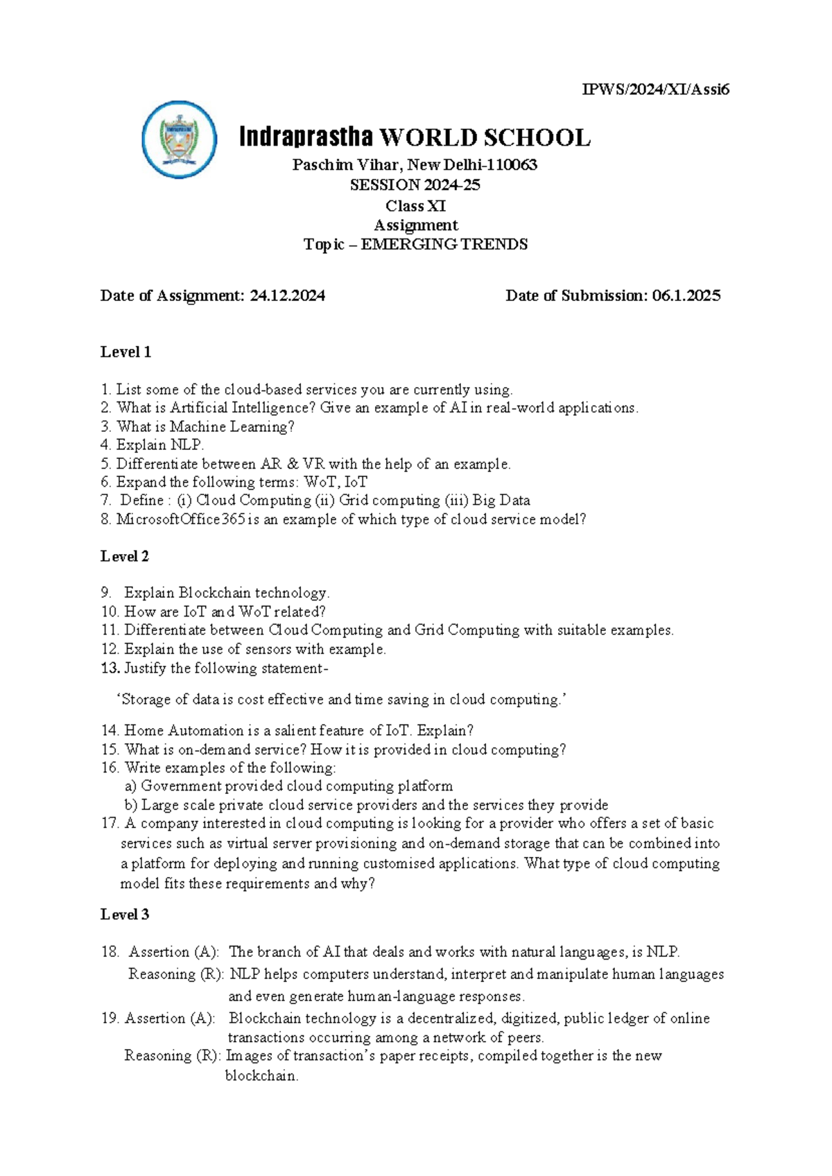 Class XI Assignment: Emerging Trends in Technology (Ch 10-1) - Studocu