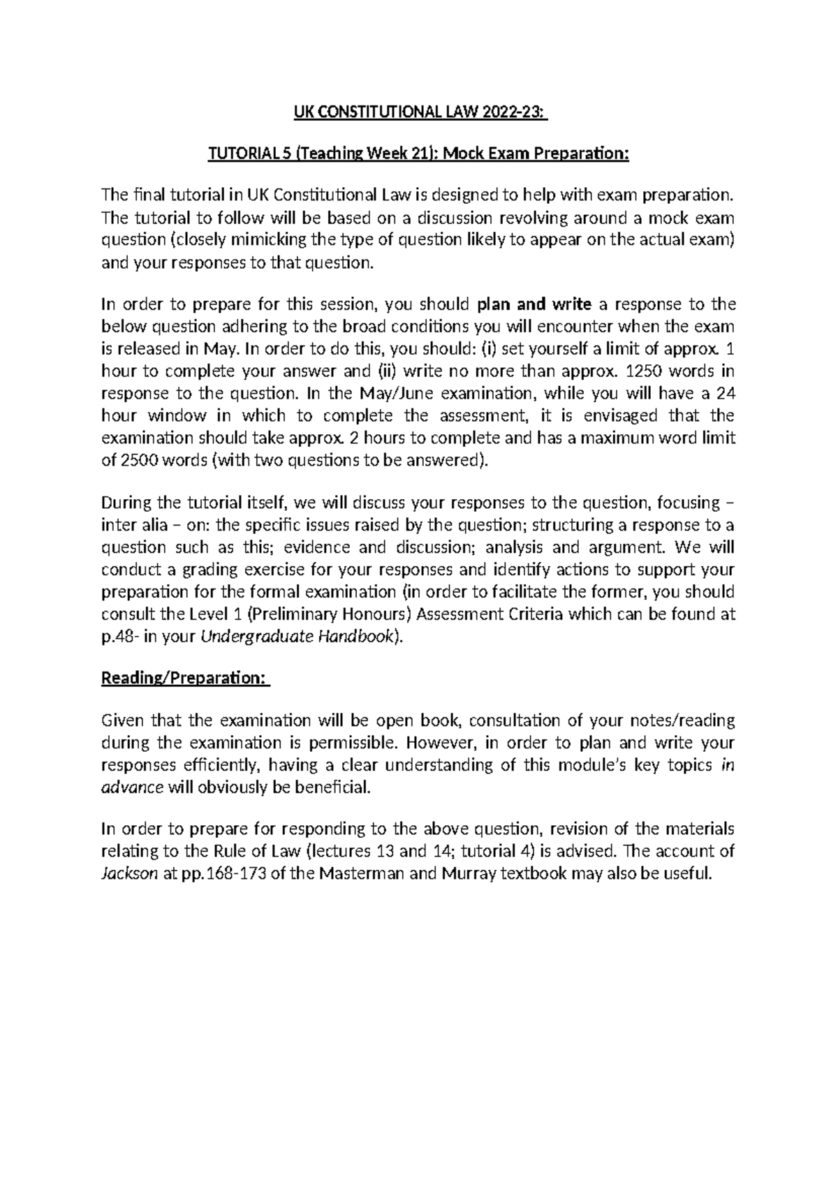 UK CON 2022-23: Tutorial 5 - Mock Exam Prep on Rule of Law - Studocu