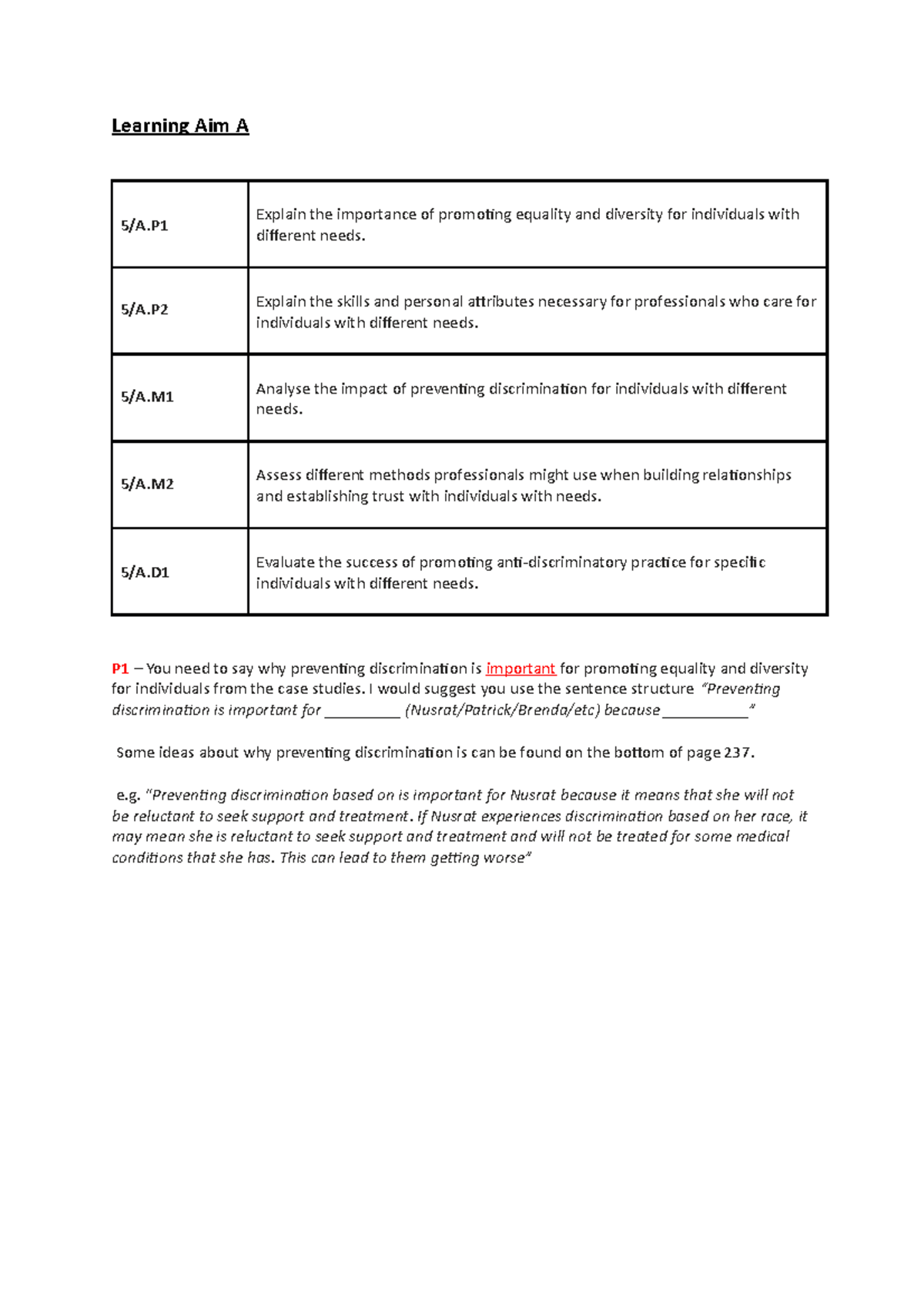Unit 5 Additional Guidance - Learning Aim A 5/A Explain the importance ...