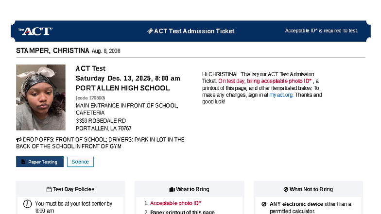 ACT Admission Ticket for Test on Dec. 13, 2025 - Studocu