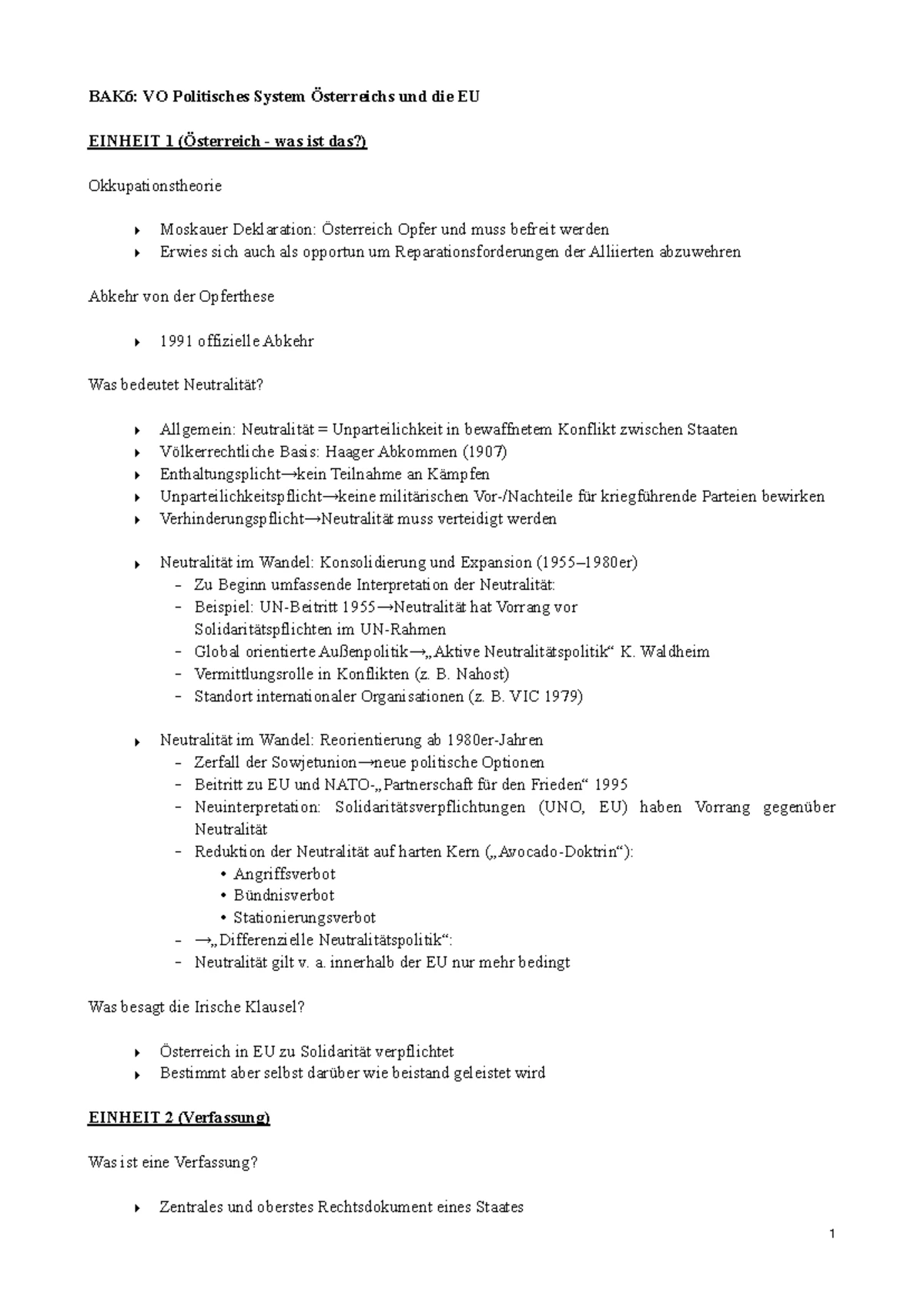 BAK 6 Zusammenfassung: Österreichs Politisches System & EU-Integration ...