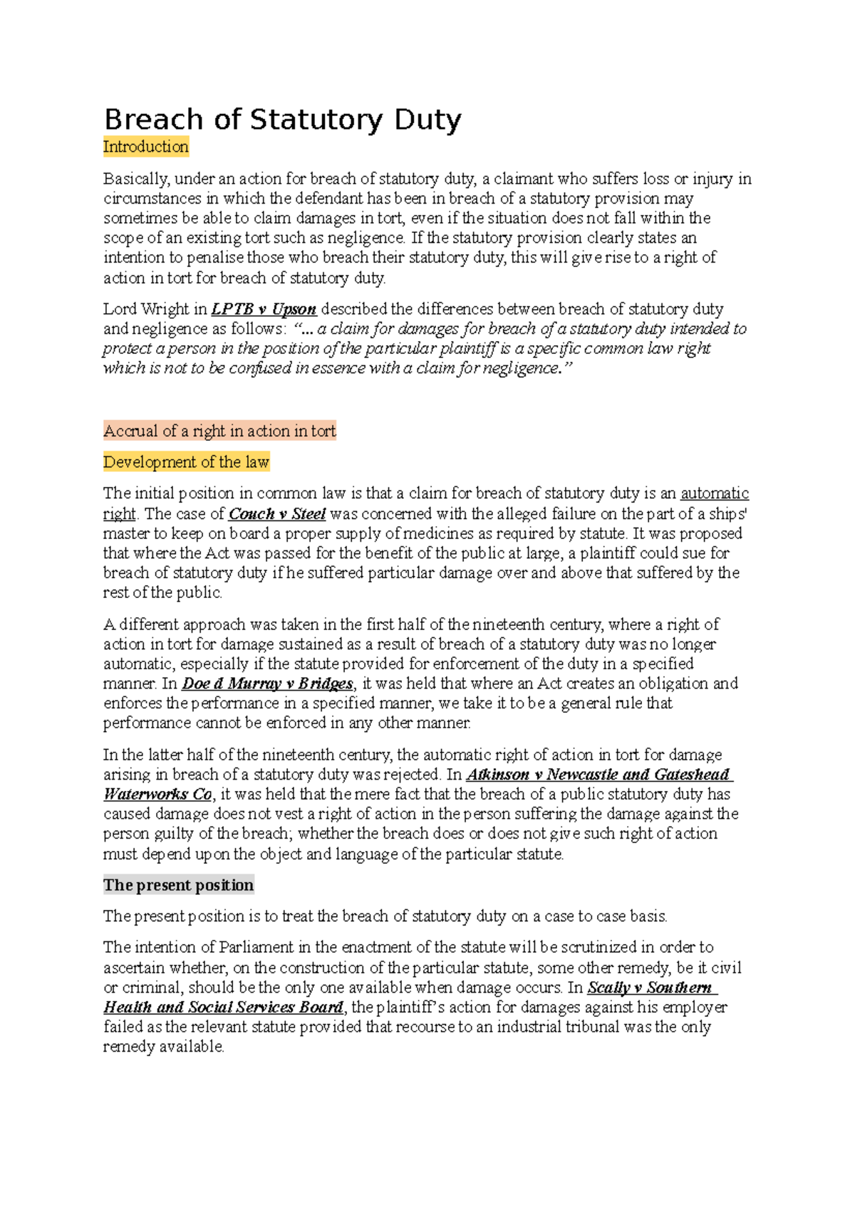 Notes on Breach of Statutory Duty: Overview & Legal Principles - Studocu