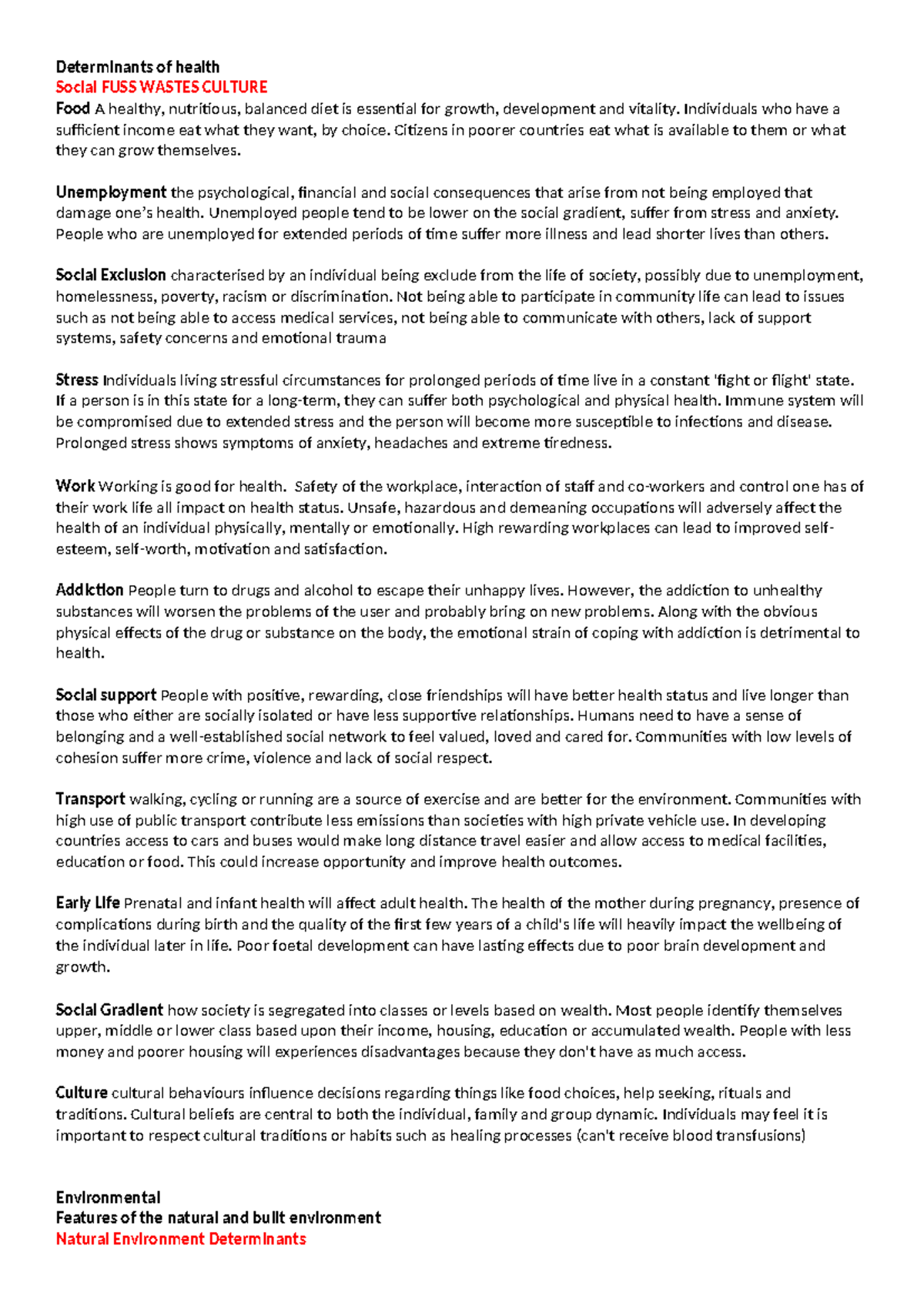 Health Unit 1 & 2: Key Determinants of Health Notes - Studocu