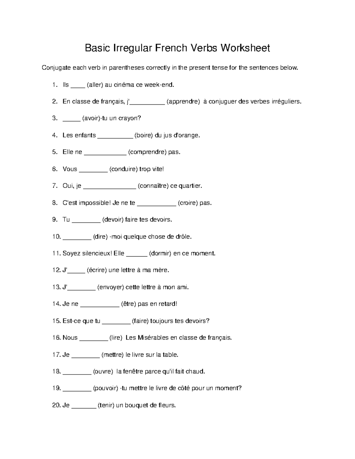 3305 - Basic Irregular French Verbs Worksheet: Present Tense ...