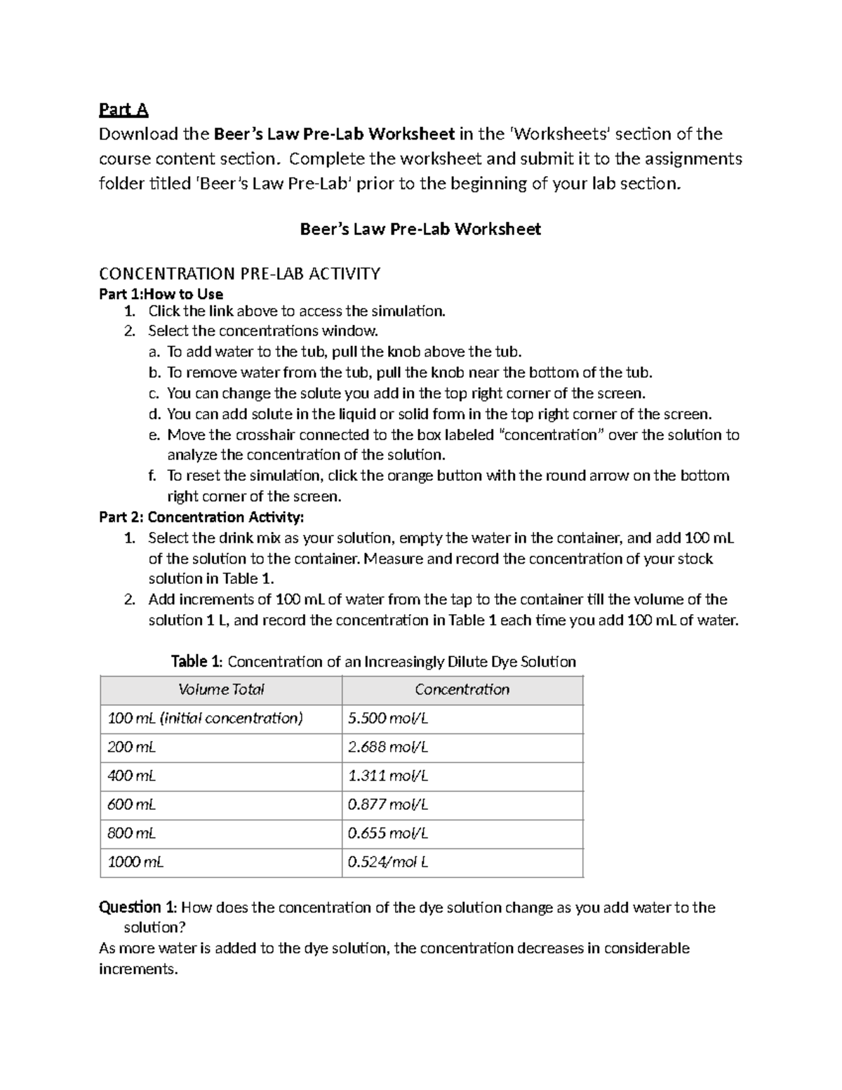 Beer’s Law Pre-Lab Worksheet Instructions and Data Collection Guide ...
