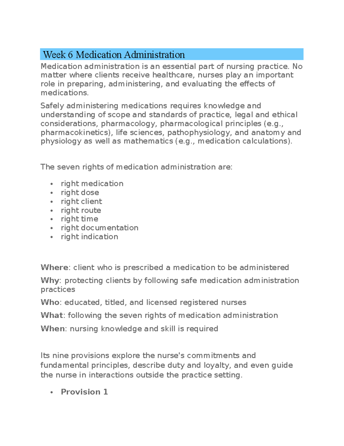 Week 6 Medication Administration - Week 6 Medication Administration ...