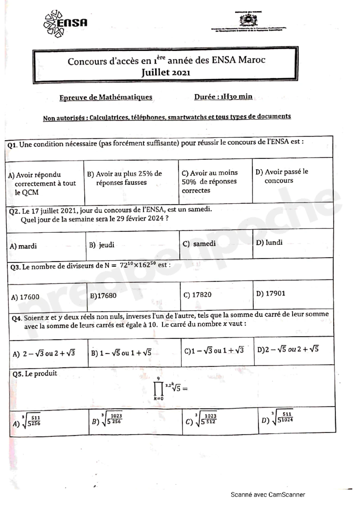 Exemple Concours ENSA 2013 - Épreuve de Physique Chimie - Studocu