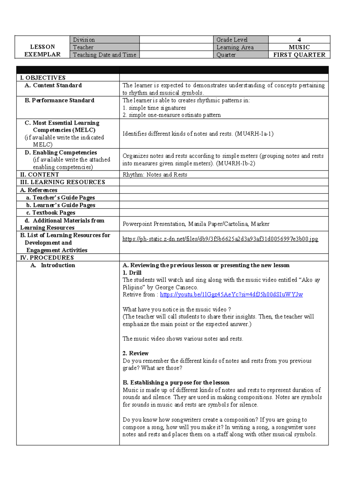 MUSIC 4 Lesson on Rhythm: Notes & Rests Overview - Studocu