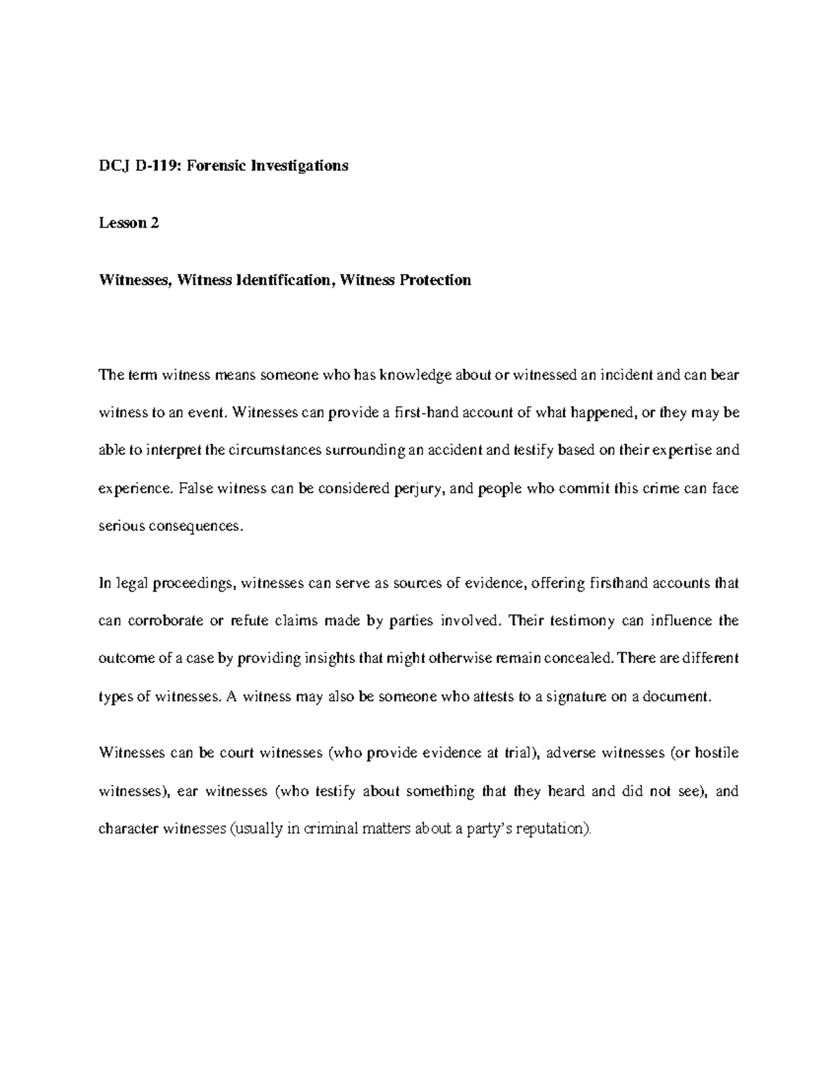 Eyewitness Identification and Witness Protection - DCJ D-119: Forensic ...