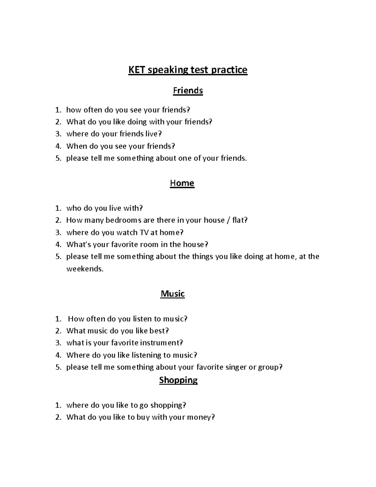 KET Speaking Test Practice: Topics on Friends, Home, Music, and ...
