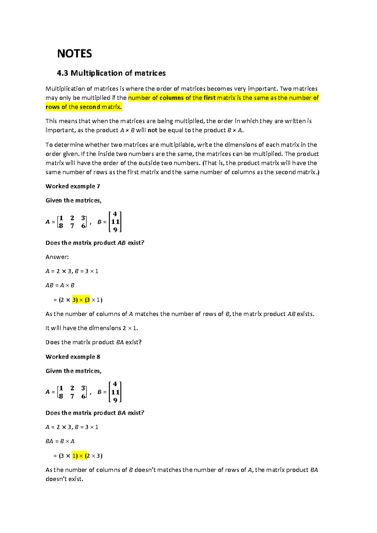 Topic 4 Matricesand Networks 4.3 Multiplication of Matrices Notes ...
