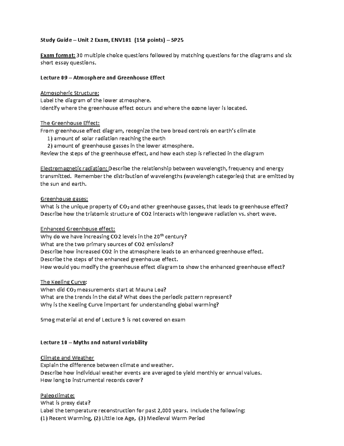 Unit 2 Exam Study Guide - ENV101: Climate & Greenhouse Effects Overview ...