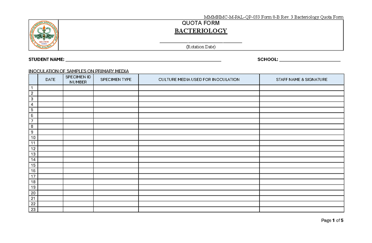 Bacteriology Quota Form Rev. 3 for Sample Inoculation and Testing - Studocu