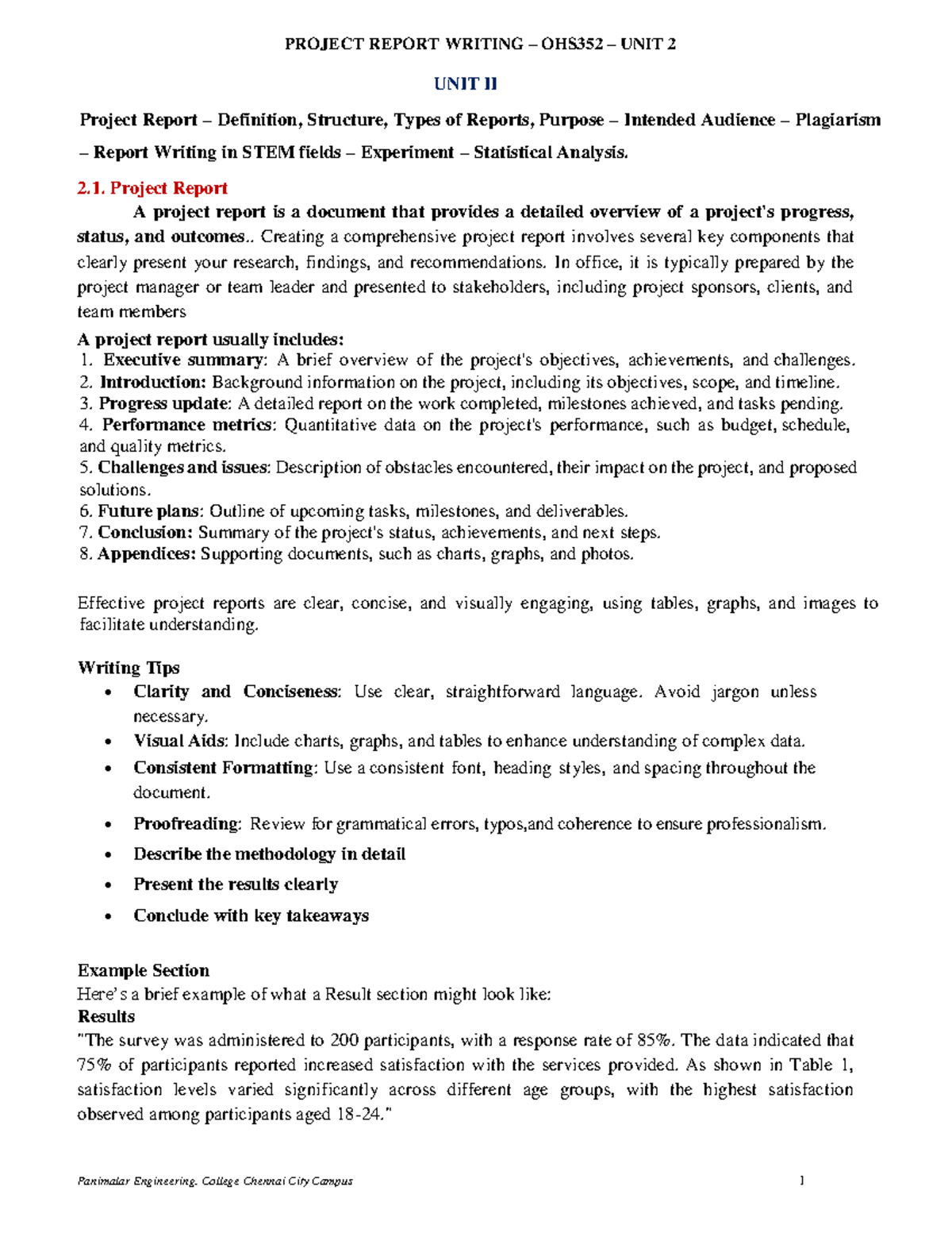 PROJECT REPORT WRITING OHS352 UNIT II: Structure, Purpose, and Analysis ...