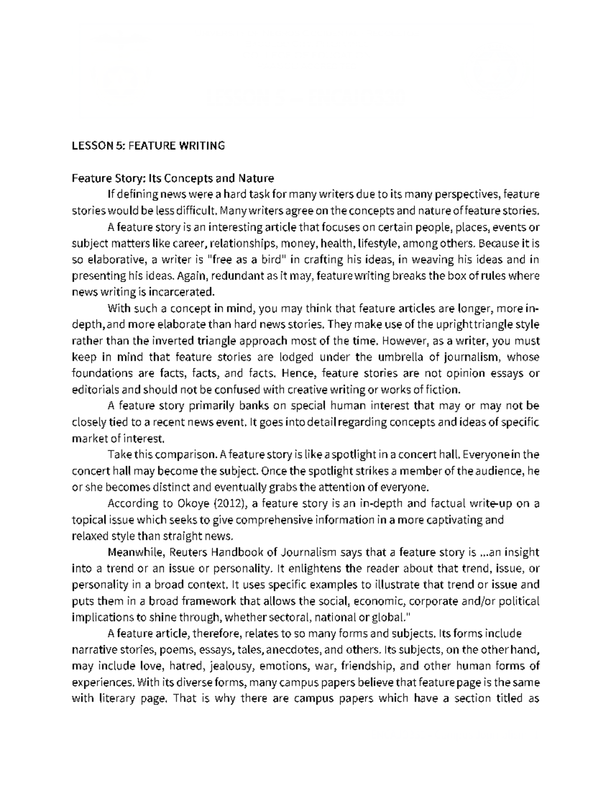 Feature Writing - Campus Journalism - LESSON 5 – ENCAJO3 - Studocu