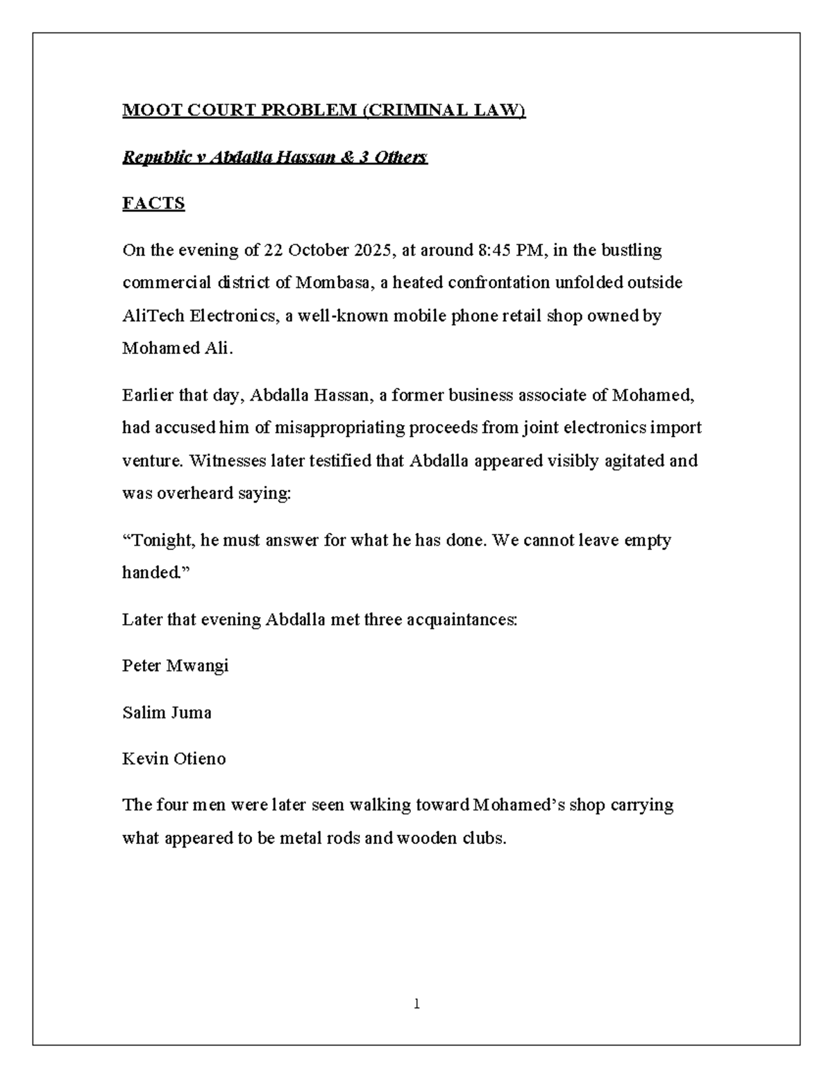 MOOT COURT PROBLEM (CRIMINAL LAW) 2026: Republic v Abdalla Hassan - Studocu