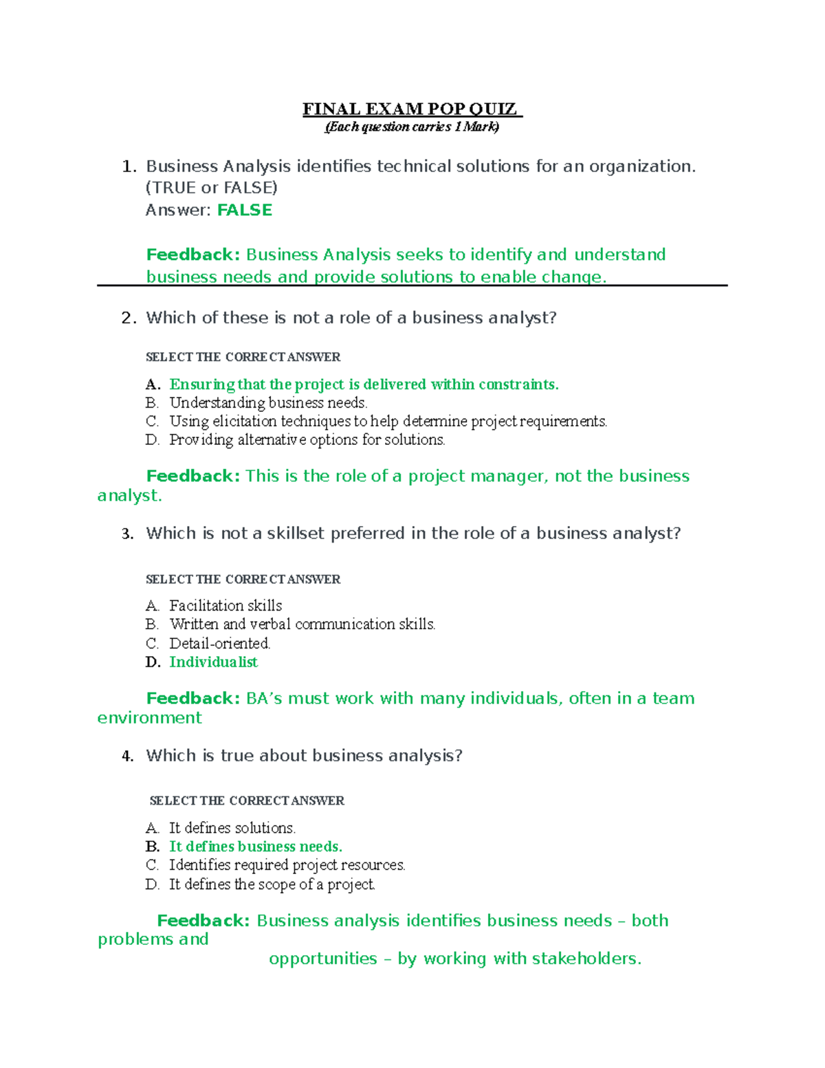 Business Analyst Final Exam Quiz Key - November 28th Insights - Studocu