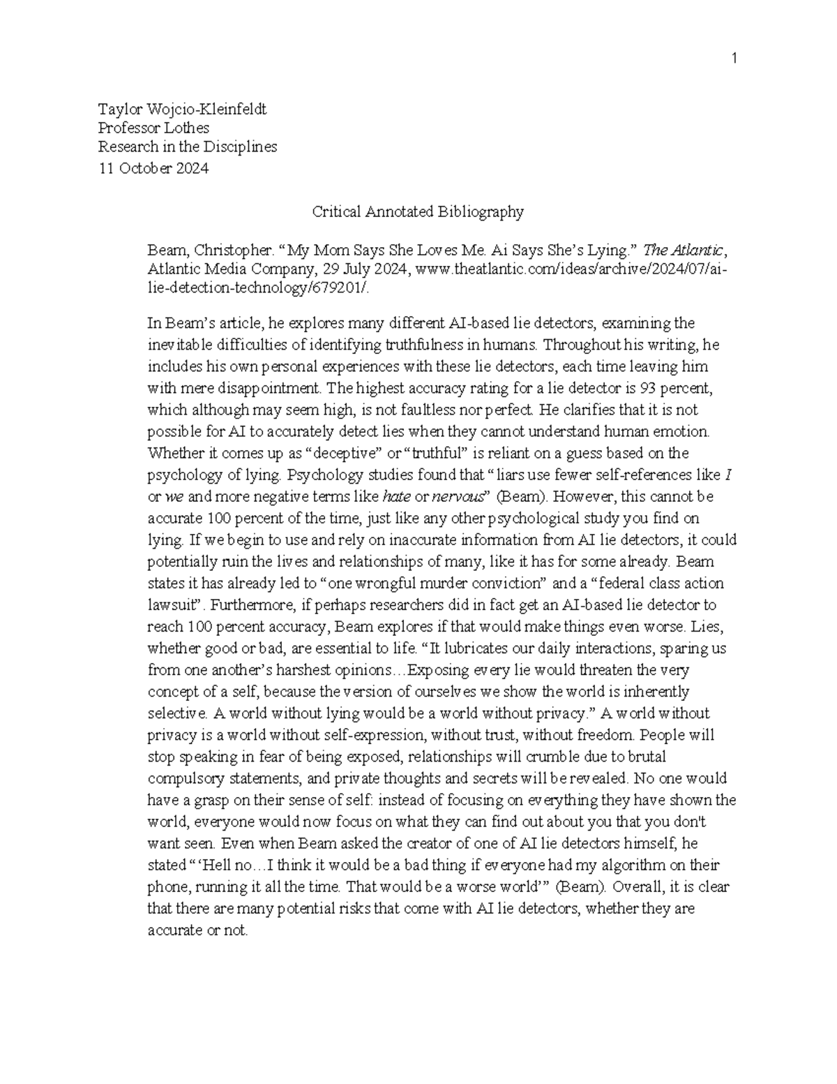 Critical Annotated Bibliography - Taylor Wojcio-Kleinfeldt Professor ...