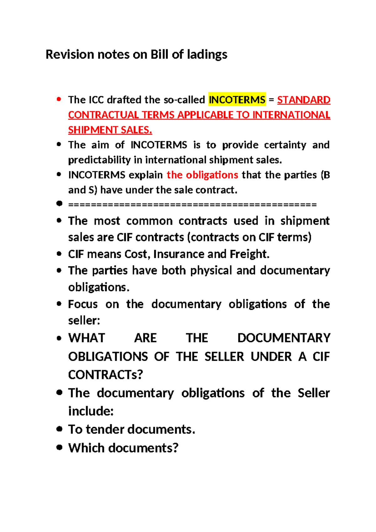 CIF Contracts & Bill of Lading: Revision Notes for International Sales ...