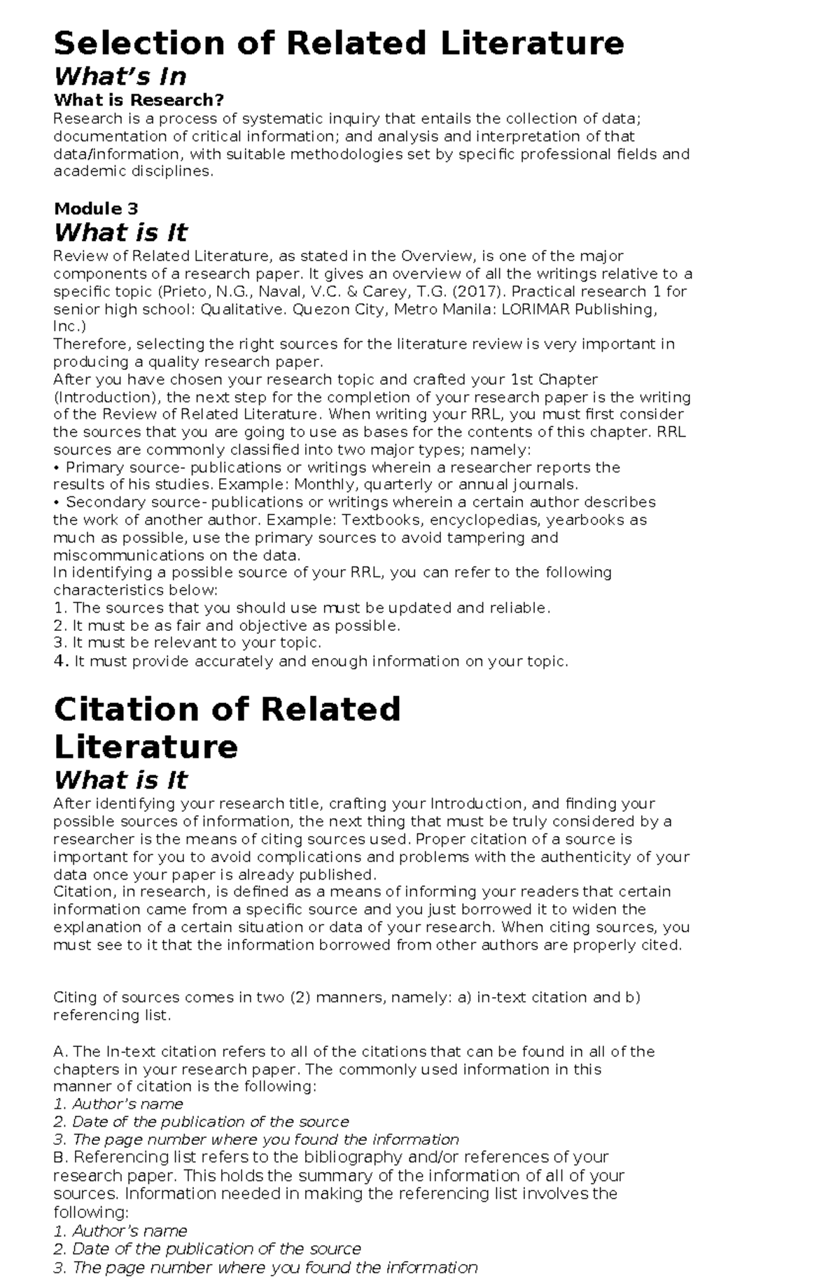 **RRL Preparation and Citation Guidelines for Research (Module 3 ...