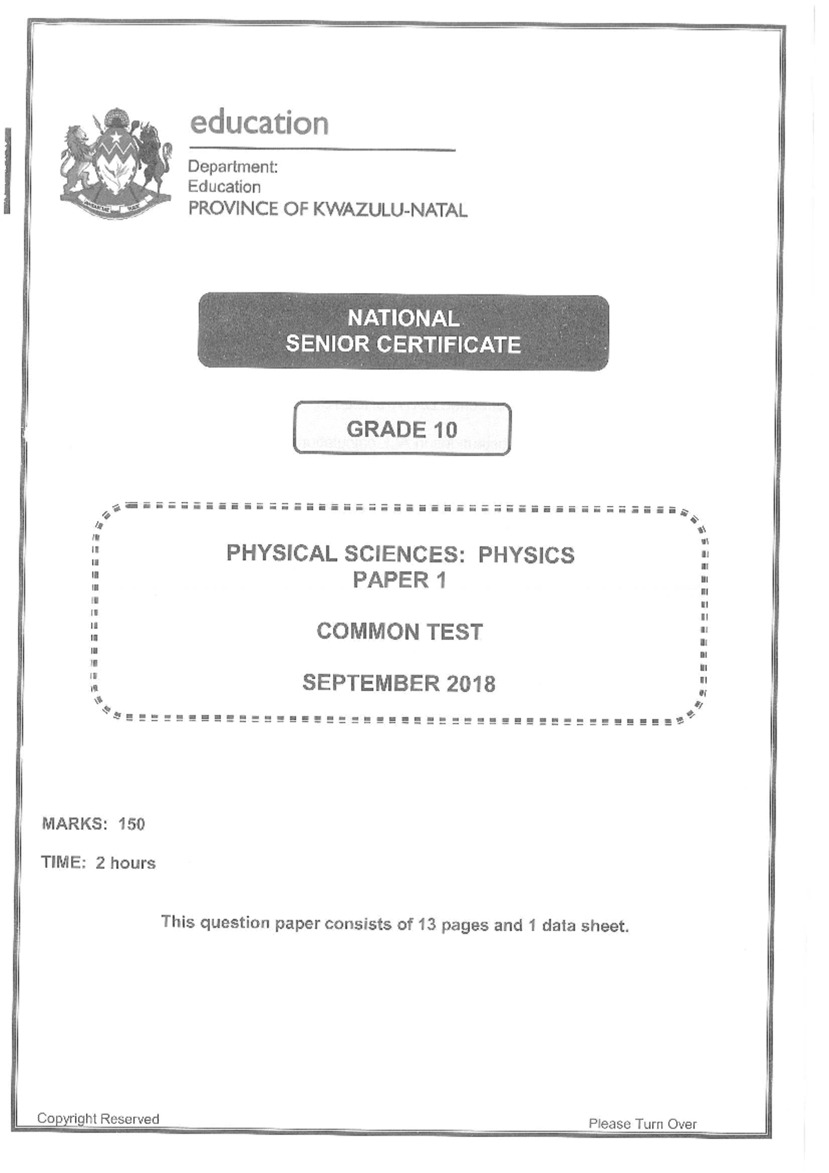 2018 KZN Physical Sciences P1 Common Test September Exam - Studocu