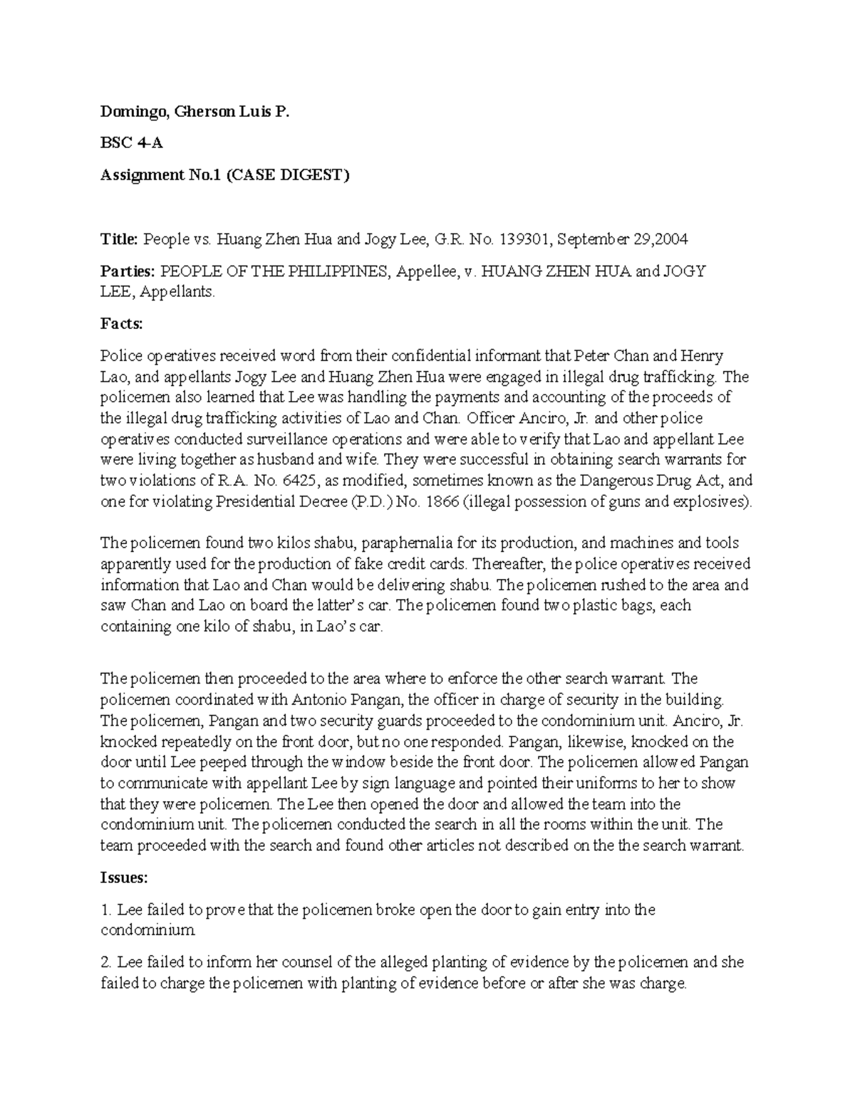 BSC Assignment No.1: Case Digest on People vs. Huang Zhen Hua & Jogy ...