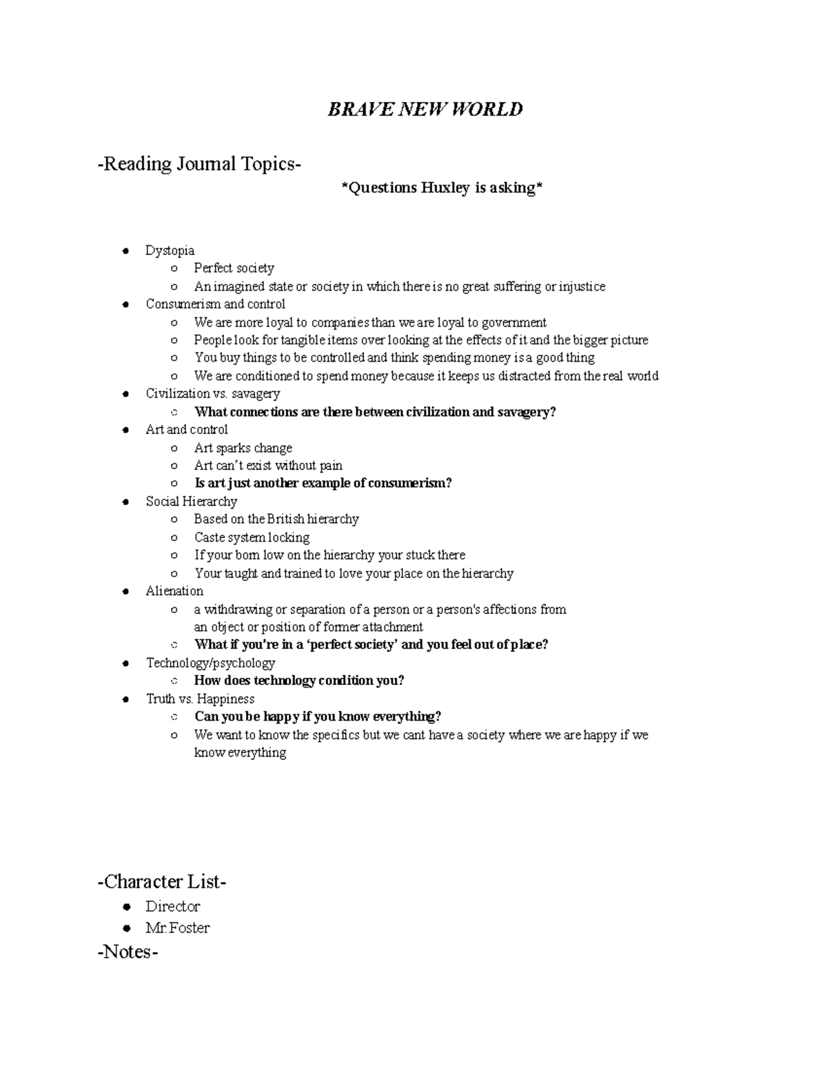 Brave New World Reading Journal - BRAVE NEW WORLD -Reading Journal ...