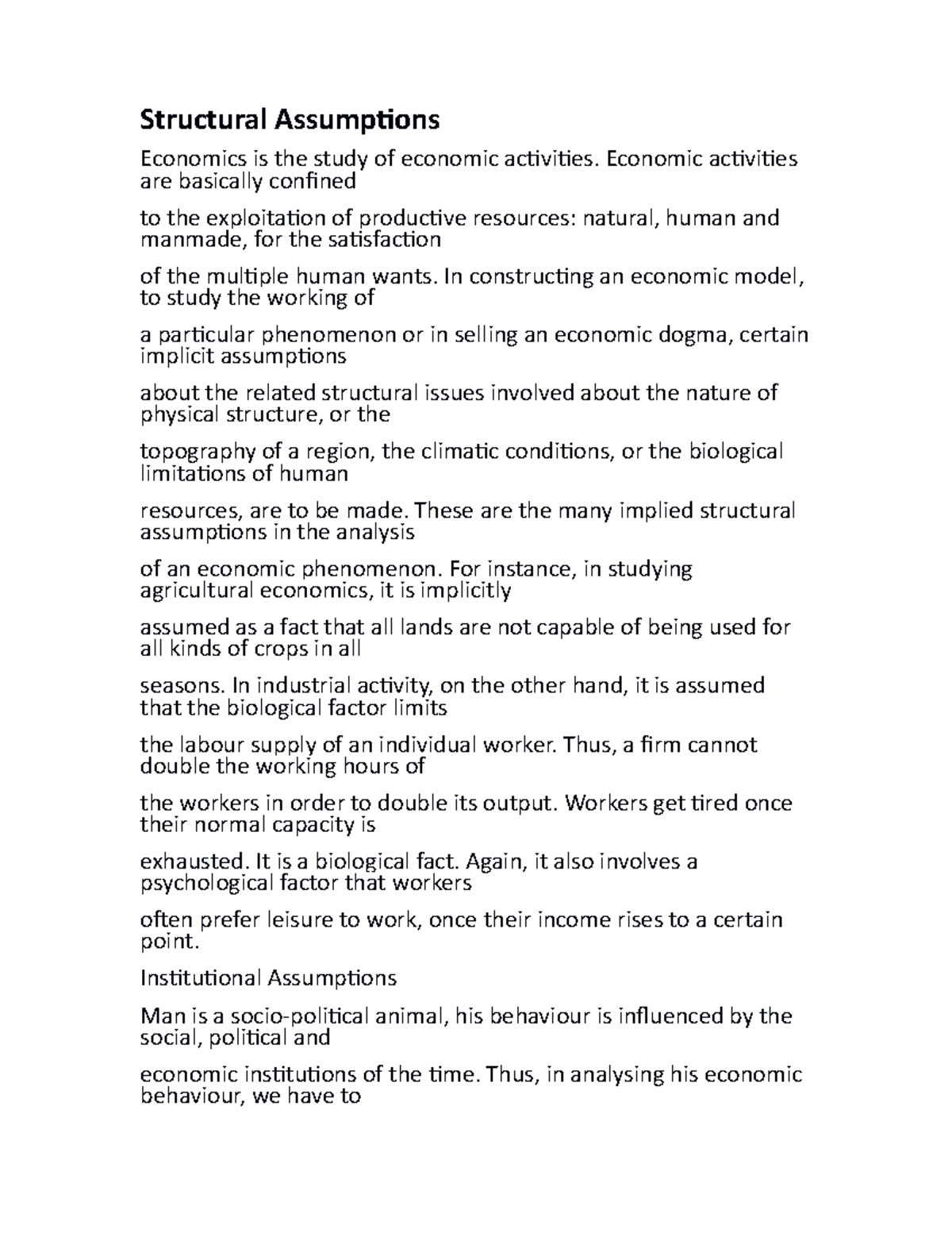 Structural Assumptions notes - Structural Assumptions Economics is the ...