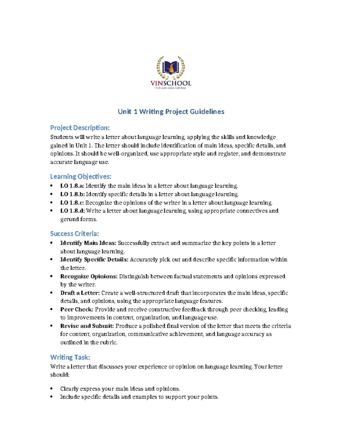 Unit 1 Writing Project Guidelines - Unit 1 Writing Project Guidelines ...