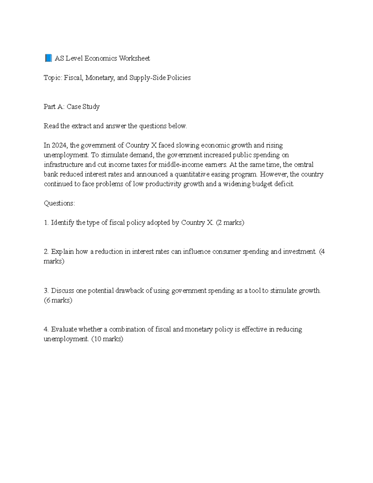 AS Level Economics Worksheet: Fiscal & Monetary Policies Case Study ...