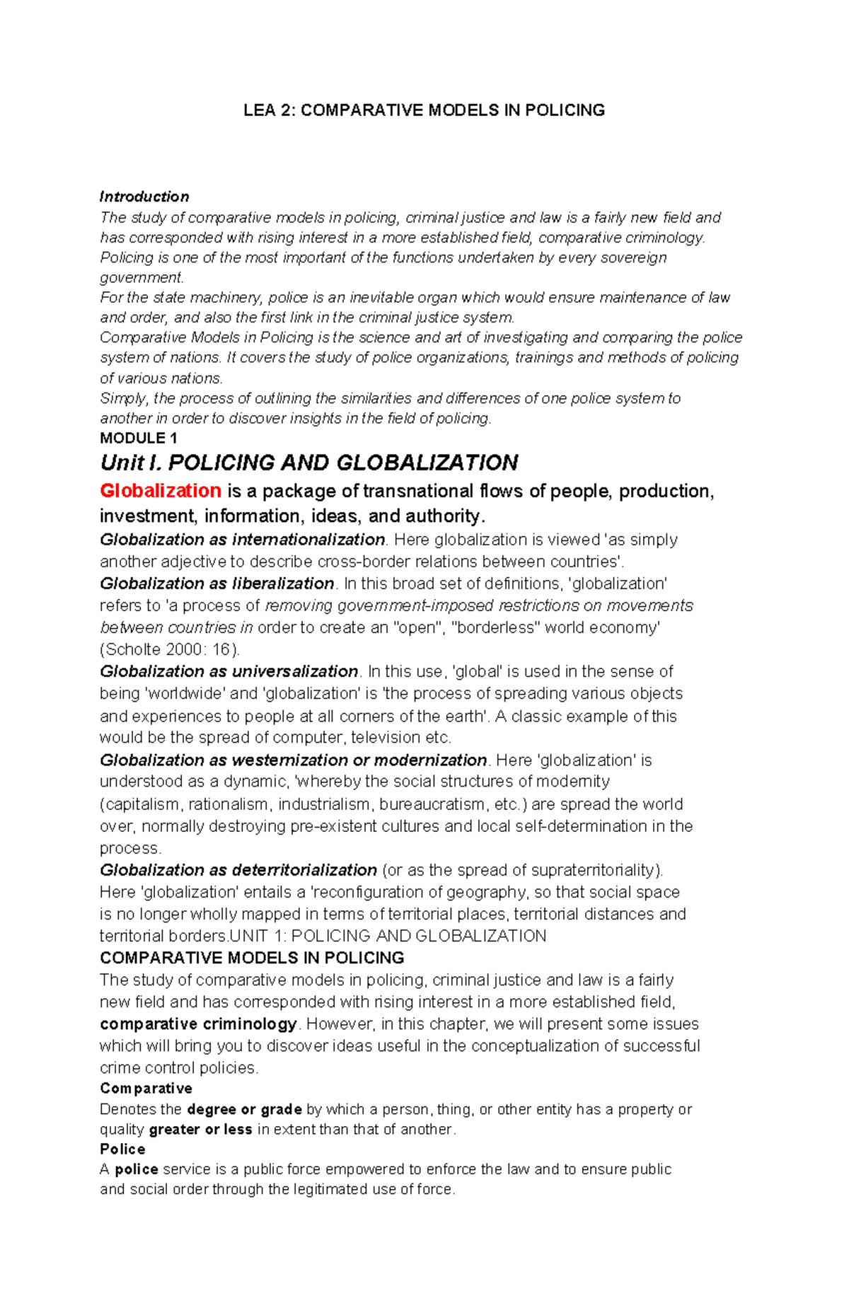 LEA 2: Comparative Models in Policing and Globalization Insights - Studocu