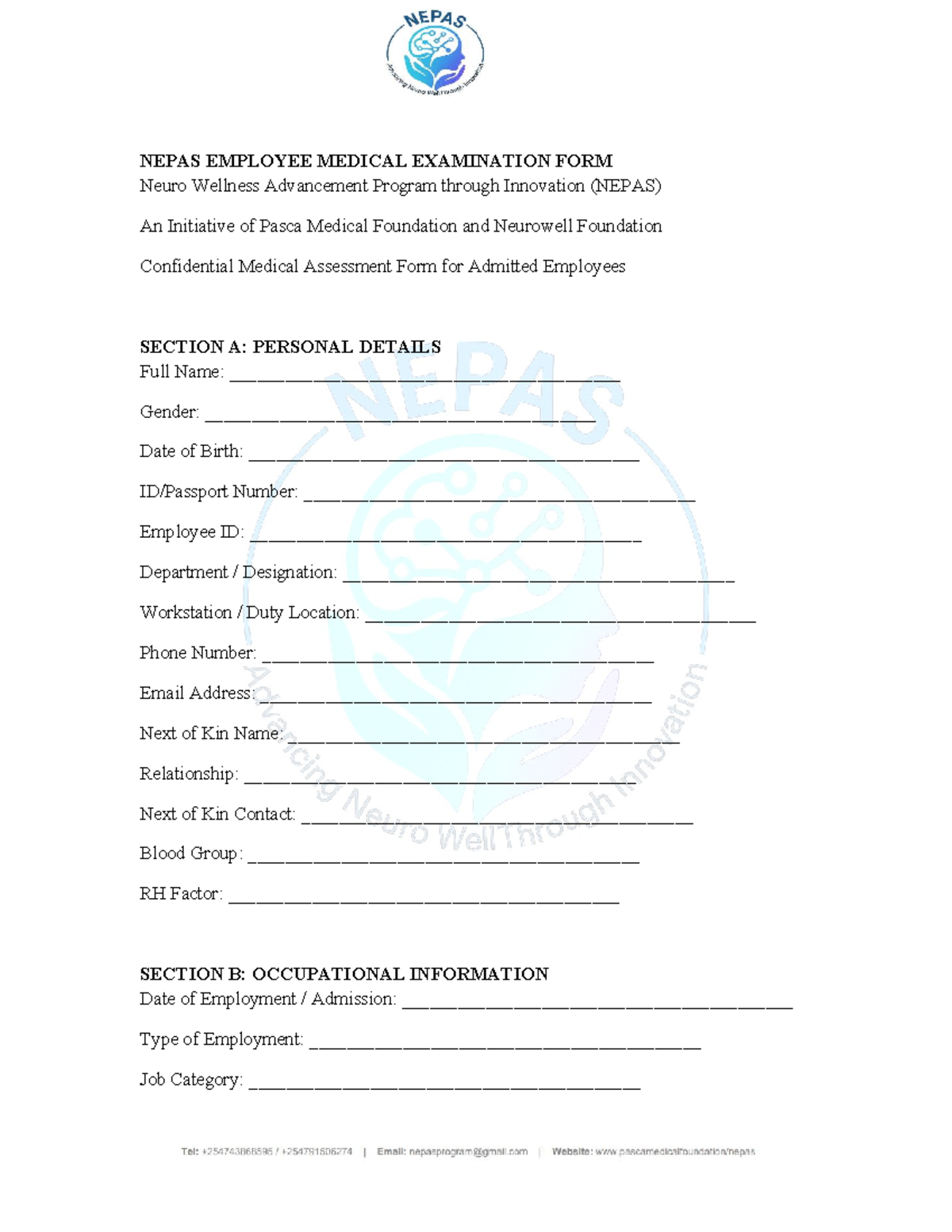 NEPAS Employee Medical Examination Form - Confidential Assessment - Studocu