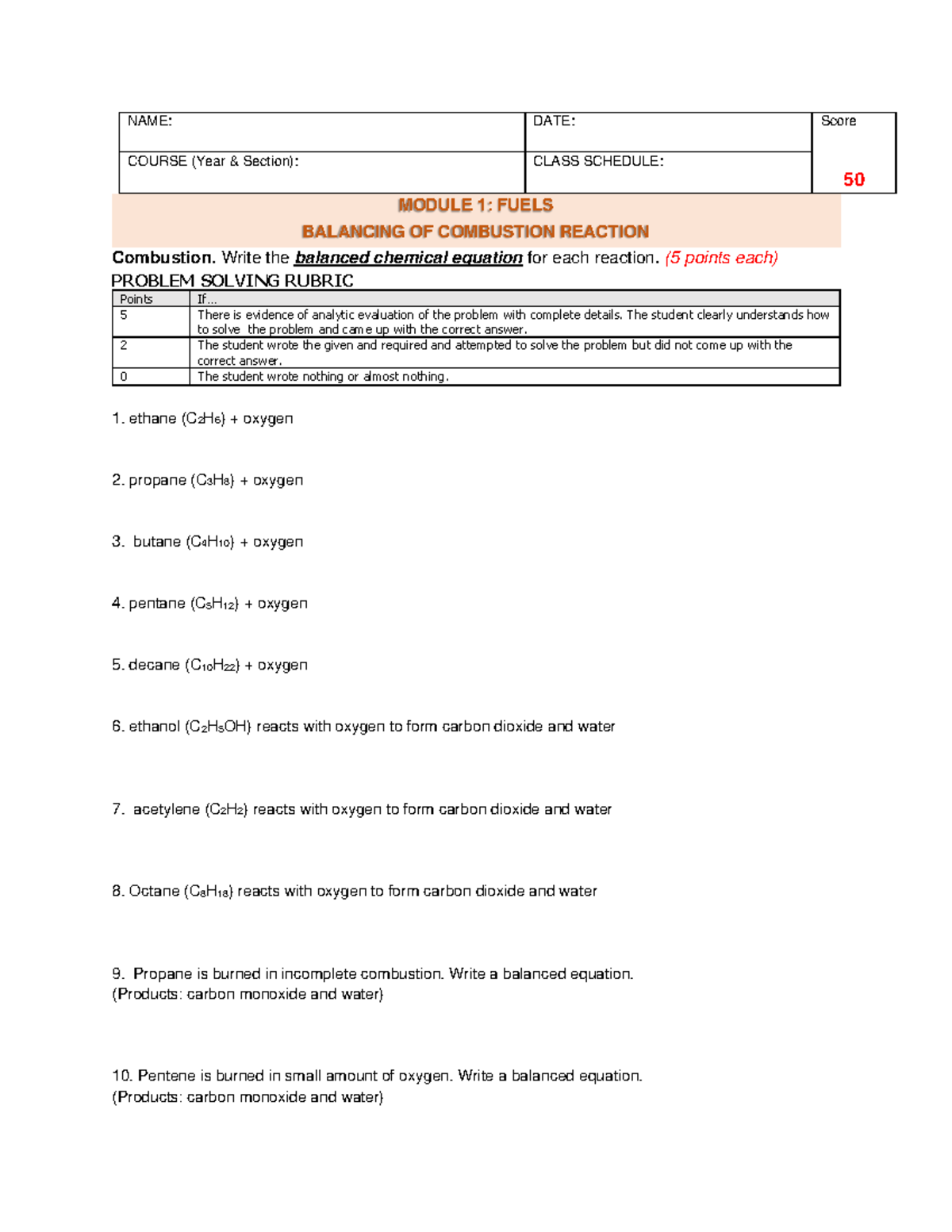 Worksheet Fuels Combustion Reactions (JAN - NAME: DATE: Score 50 COURSE ...