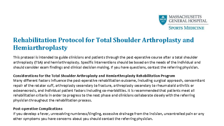 Rehabilitation Protocol for Total Shoulder Arthroplasty (TSA ...