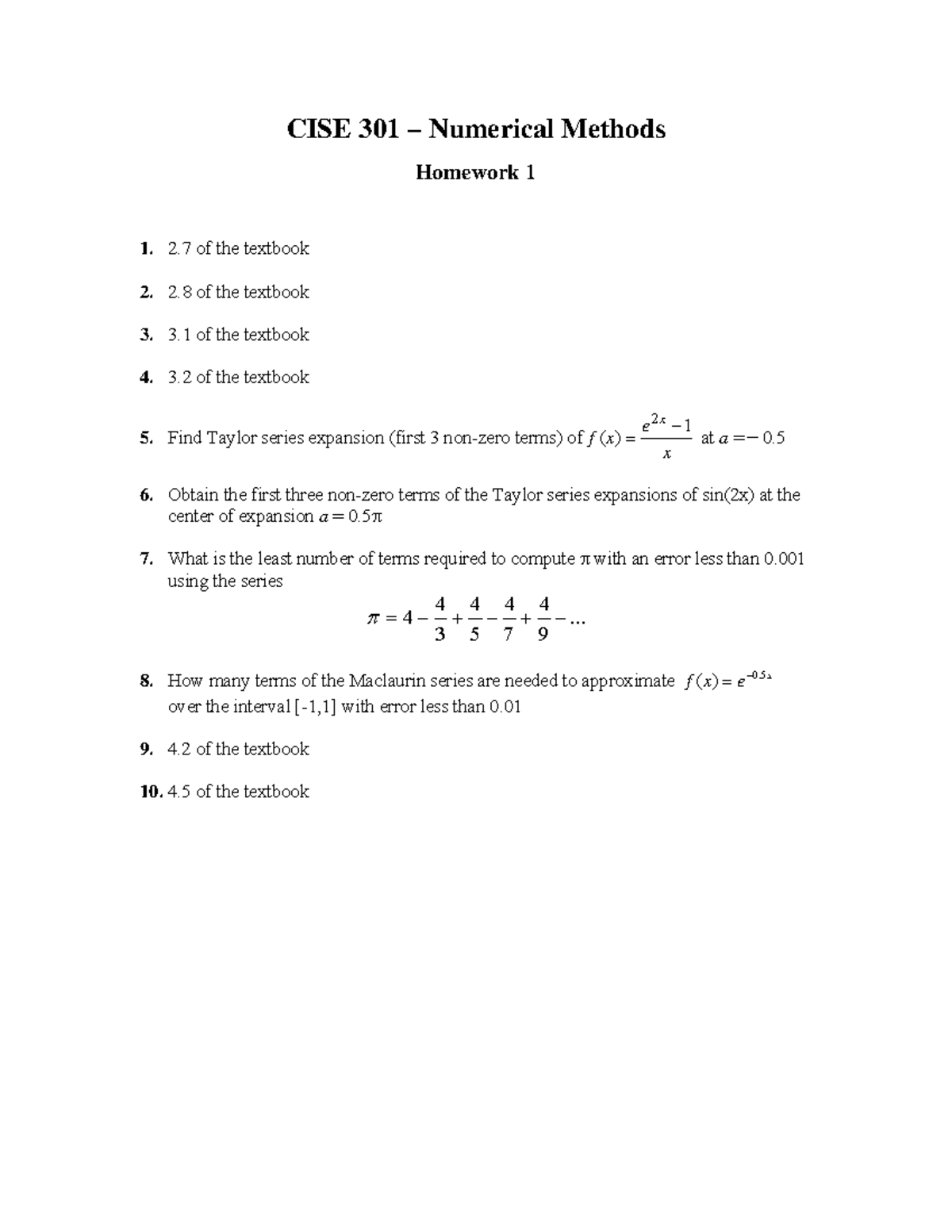CISE 301 - Homework 1: Numerical Methods Practice Problems - Studocu