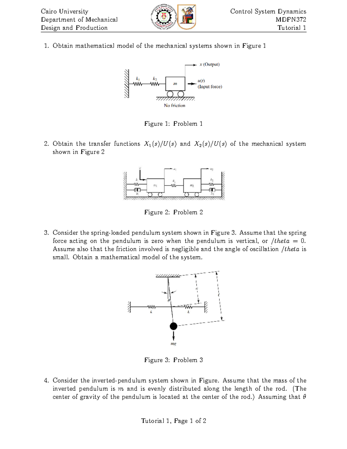 MDPN372 Tutorial 1 - Mathematical Modeling in Control Systems - Studocu
