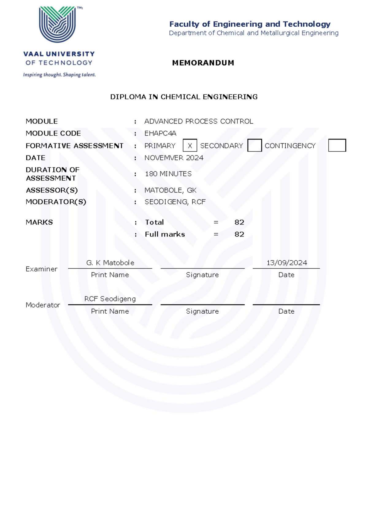 Process Control Exam memo-2024 - Faculty of Engineering and Technology ...