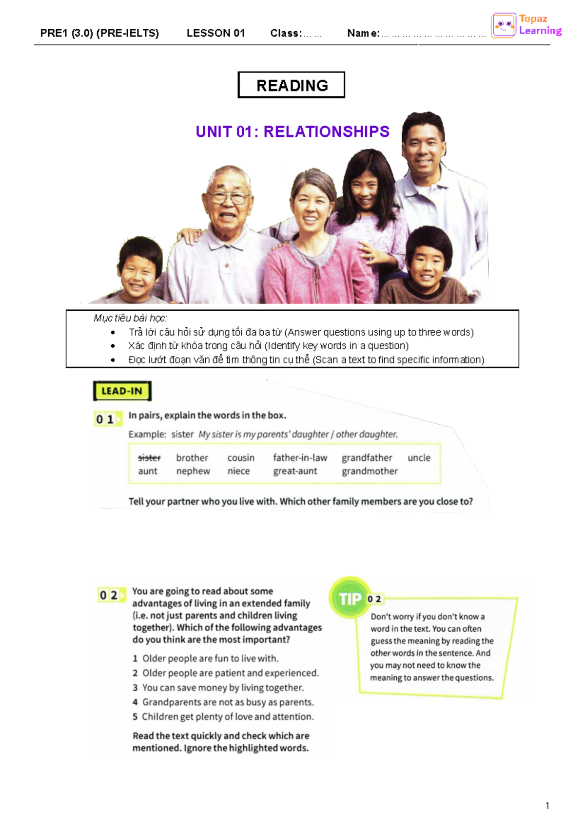 PRE1 (3.0) LESSON 01: READING & WRITING UNIT 01 WITH HOMEWORK - Studocu